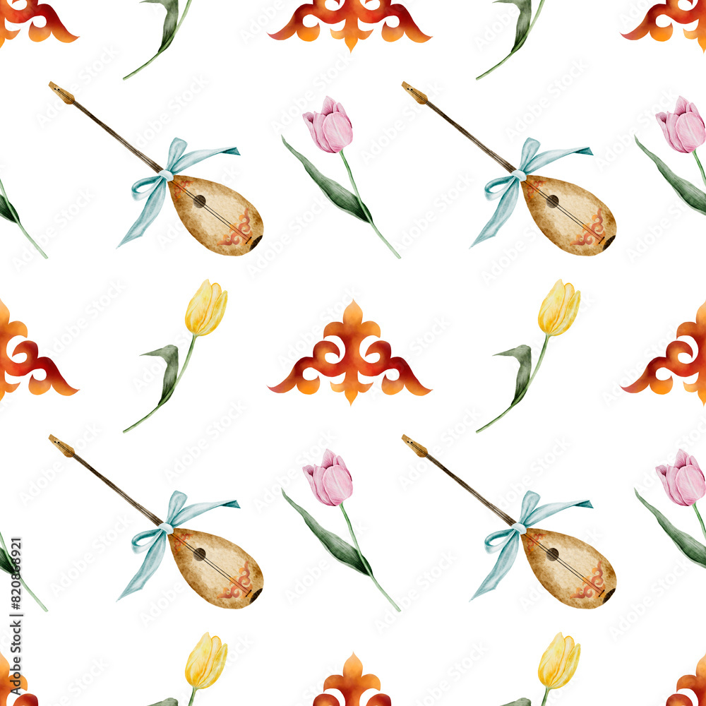 Kazakh watercolor pattern.Ornament with national symbols and dombra ...