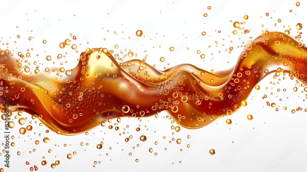 An effervescent liquid brown liquid with bubbles splashing in the air ...