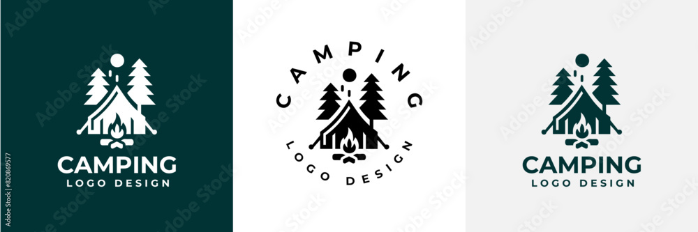 Simple camping logo with tent shape, tree and fire. camping outdoors ...