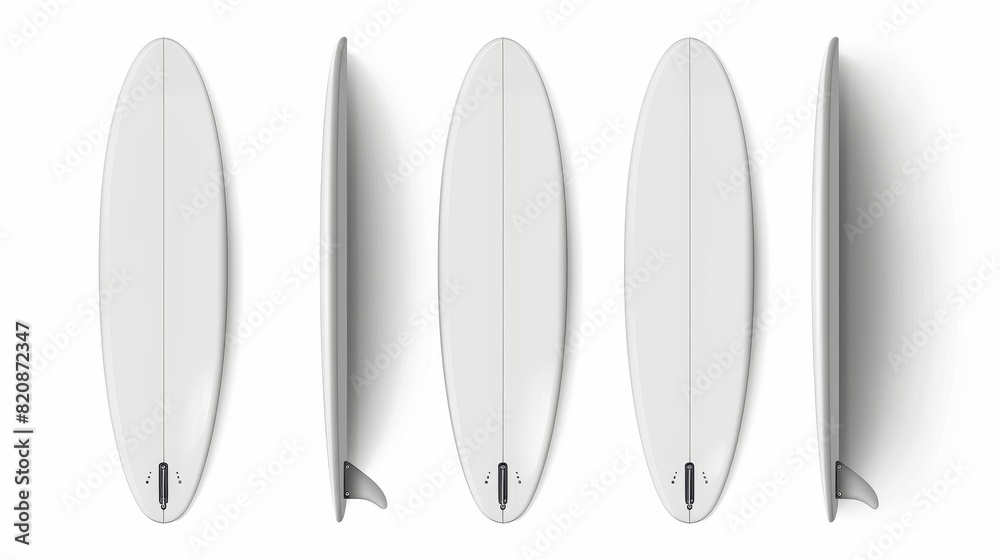 Detailed view of a white surfboard, front, side and back. Modern ...