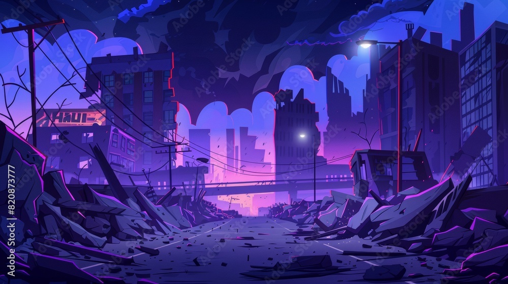 The image of a night city destroyed in a war zone, abandoned buildings ...