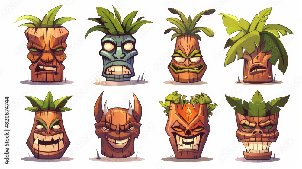 A set of cartoon moderns of tiki masks with a toothy mouth and a wooden ...