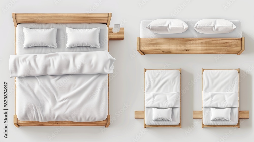 The top view of a single and double bed with white sheets, pillows, and ...