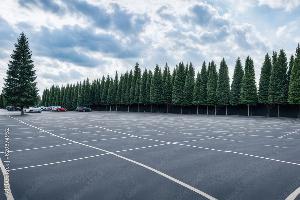 Wide empty asphalt parking lot background. with many cars parked ...