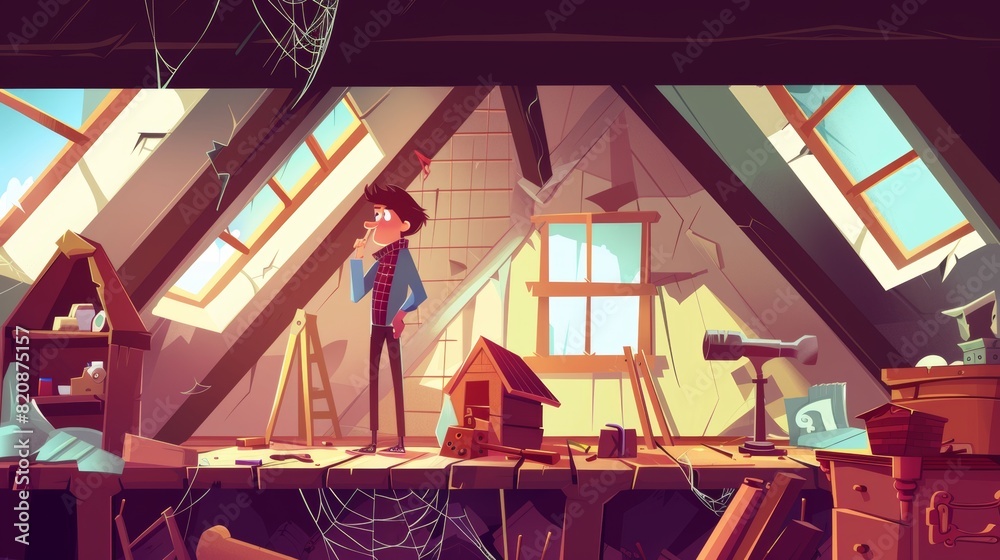 Worker with hammer in messy mansard. Carpenter repairs wooden beam in ...