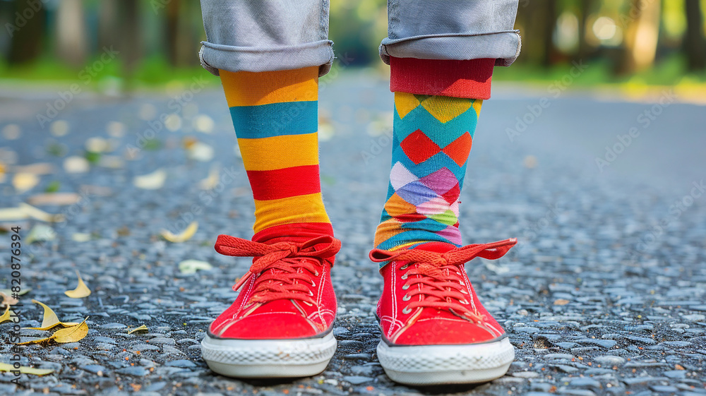 Kid legs with different pair of socks and red sneakers standing in the ...