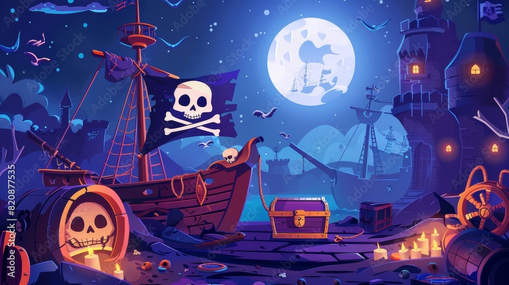 Modern cartoon banners with spirit of dead captain on boat deck at ...