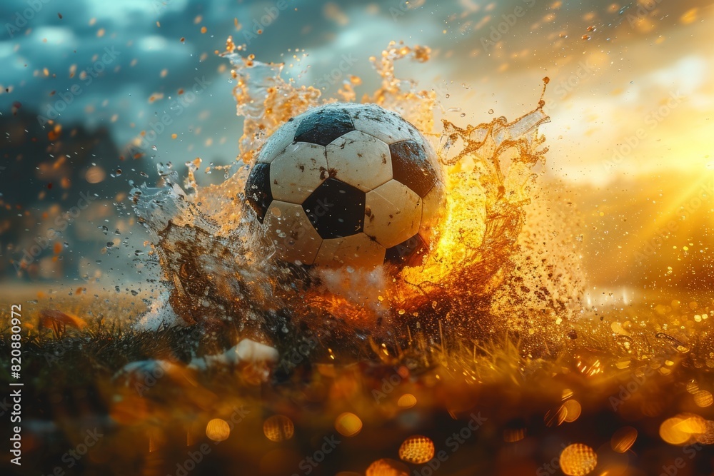 Intense soccer ball action with water splash against sunset sky Stock ...