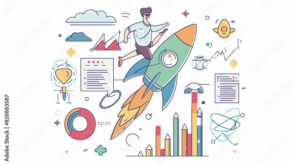 Banner with man flying on rocket. Concept of launching and managing new ...