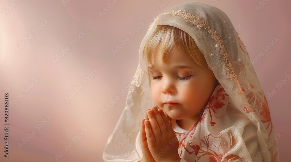 religious angel kid little girl praying to god holy light, ai Stock ...