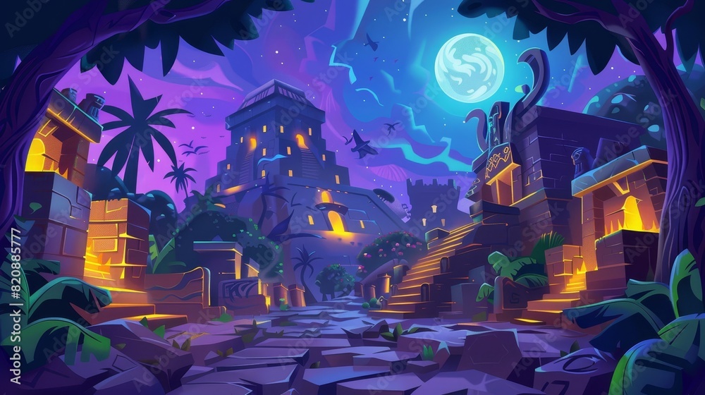 Sacred temple and stone buildings in an ancient Aztec village at night ...