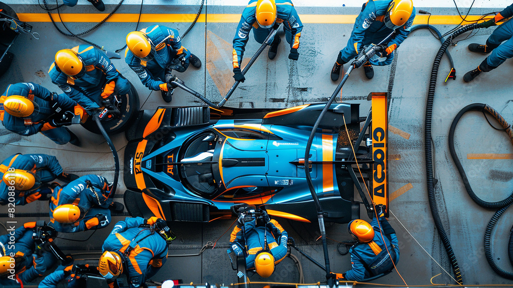 Professional pit crew ready for action as their team's race car arrives ...