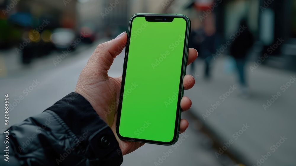 Hand hold cell phone with green screen mock up. Mobile smartphone ...
