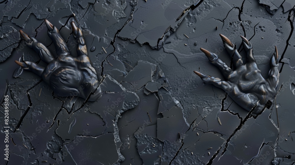 On a grey background, claw marks on a metal wall, scratches from a ...