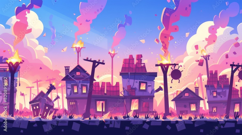 The city is on fire thanks to war, soldiers hold ammunition on poles ...