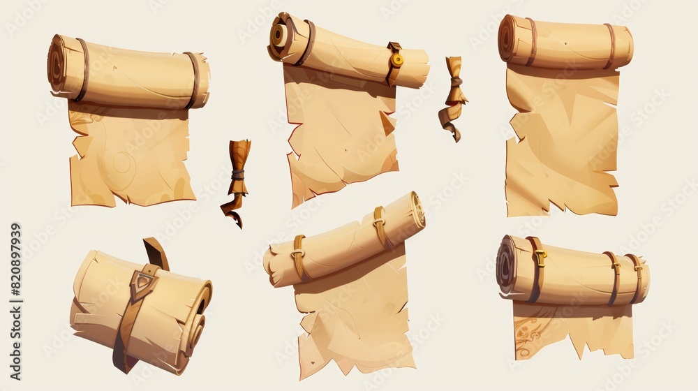 Isolated modern set of cartoon parchment rolls, blank scrolls and royal ...