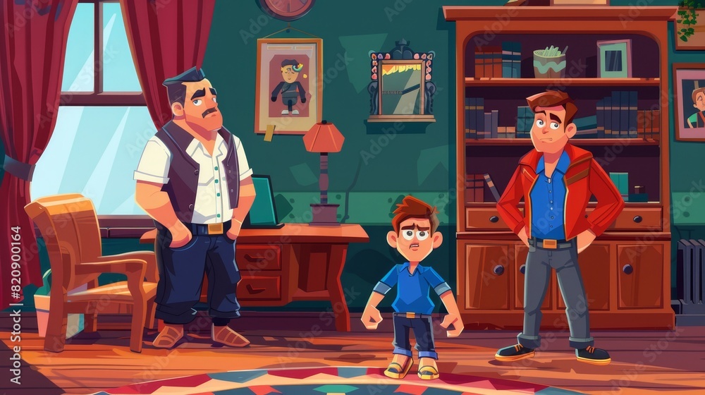 Angry headmaster confronting guilty boy pupil in director's office with ...