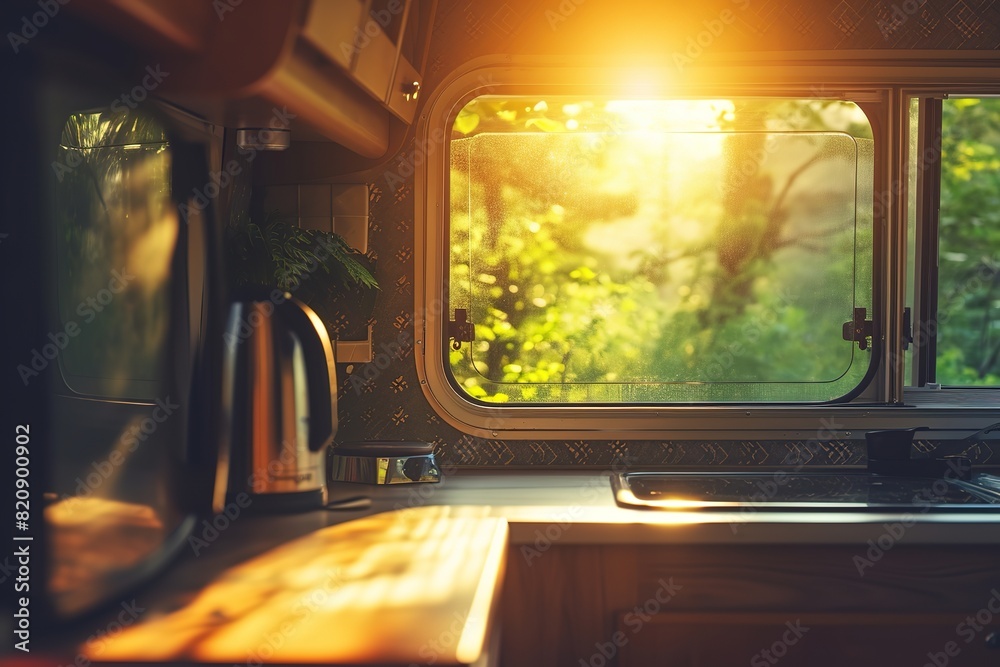 modern motorhome interior with large windows, scenic views, and sleek ...