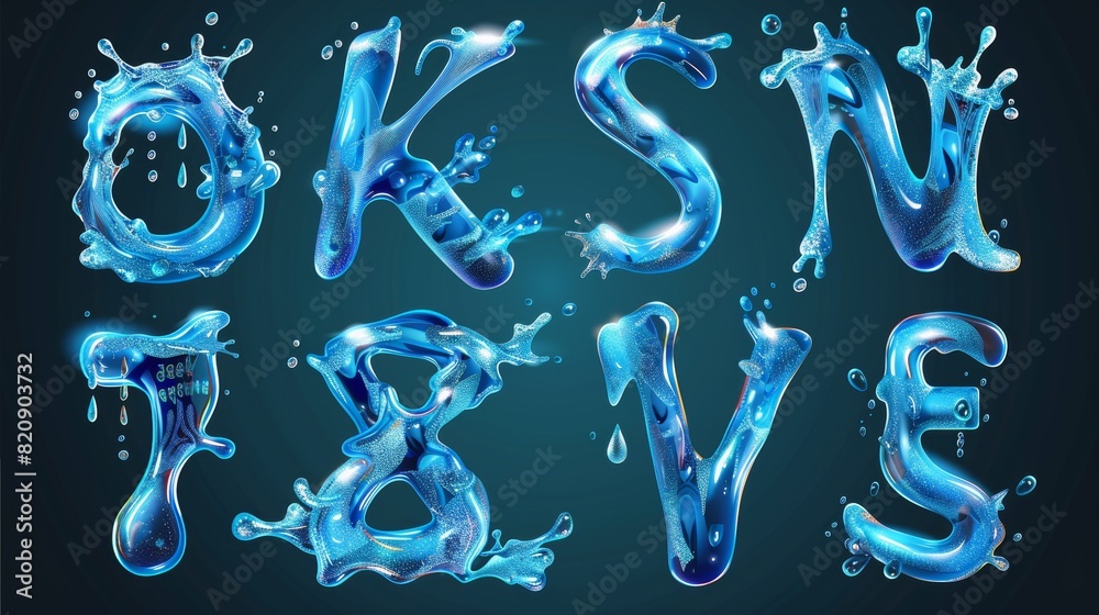 Set of liquid letters with a water type font. Clear blue water or gel ...