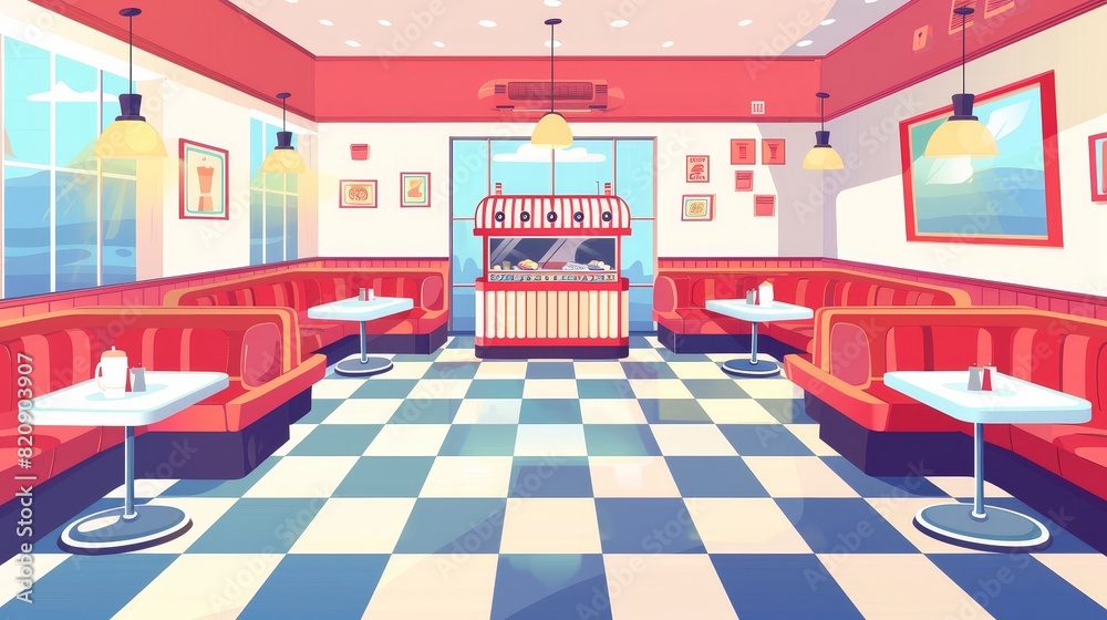 An empty American retro 50s diner interior design. Cartoon illustration ...