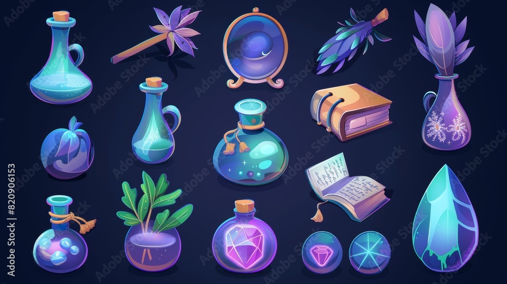 Magic stuff icon set, set of potion bottle, mirror, magic spells book ...