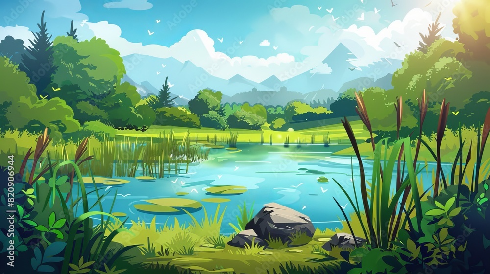 Stream in bush with bulrush and green swamp with cattails near lake ...