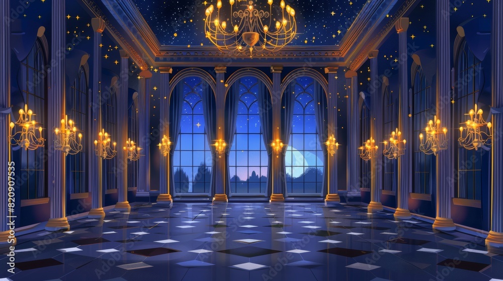 The interior of a ballroom at night. Modern illustration of a dark ...