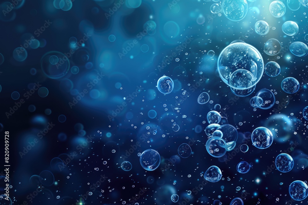 Dark blue background with water bubbles floating in the air, creating ...