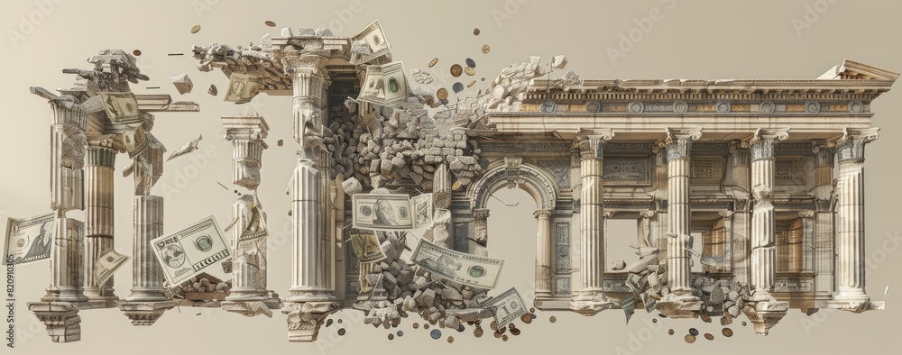 The broken bank building still retains vestiges of its former grandeur ...