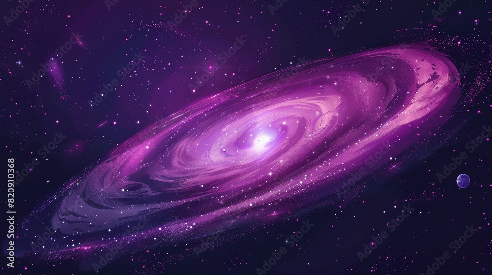 This image shows a purple nebula, spiral galaxy with glowing planets ...