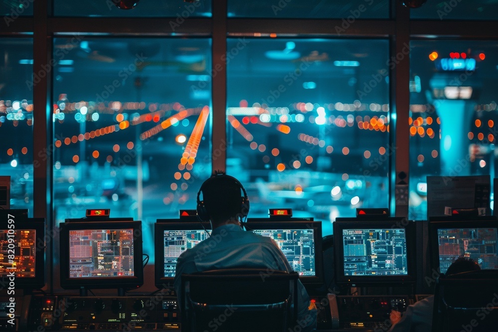 An Air Traffic Control Tower with Controllers Managing Flights and ...