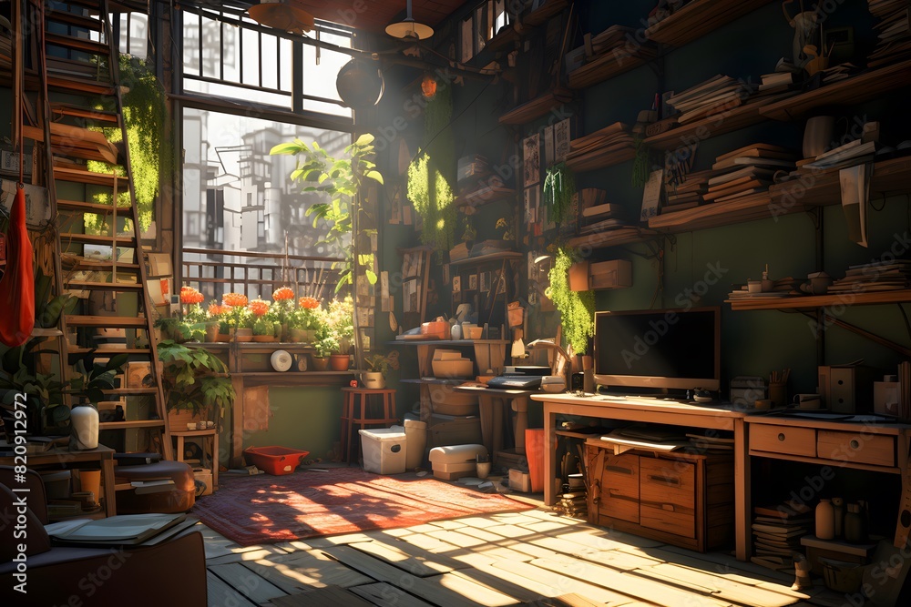 Panorama of a vintage coffee shop with a view of the garden Stock Photo ...