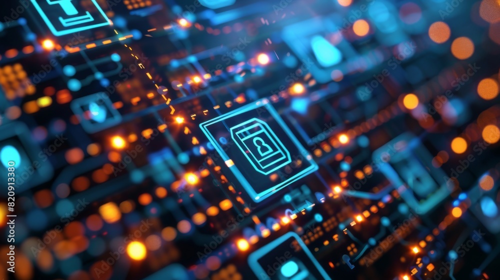 Blockchain diagram combined with cybersecurity icons and a network ...