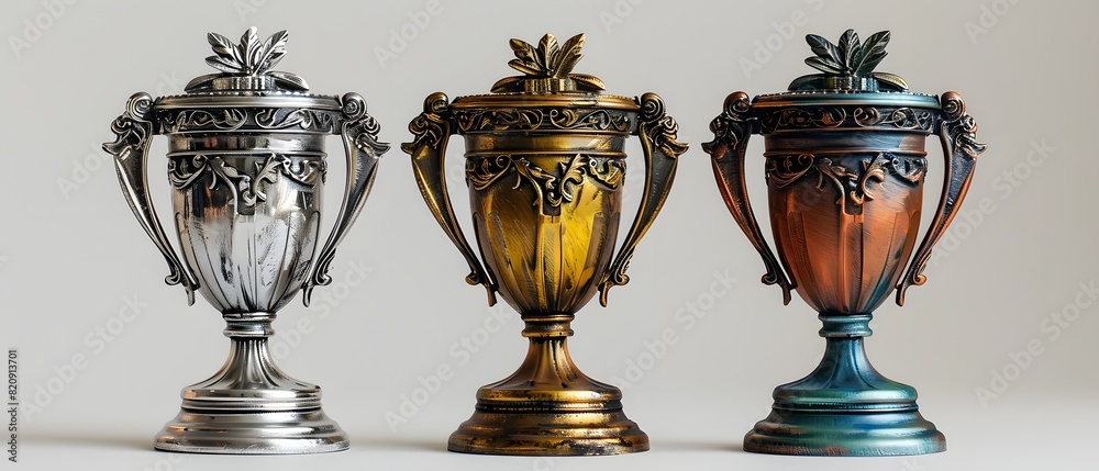 Three distinct trophies placed side by side. From left to right, the ...