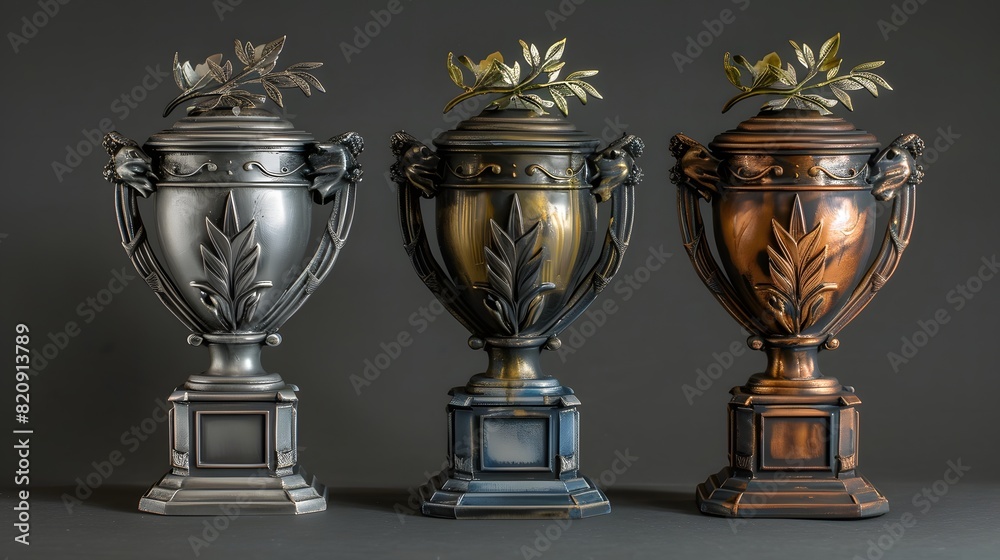 Three distinct trophies placed side by side. From left to right, the ...