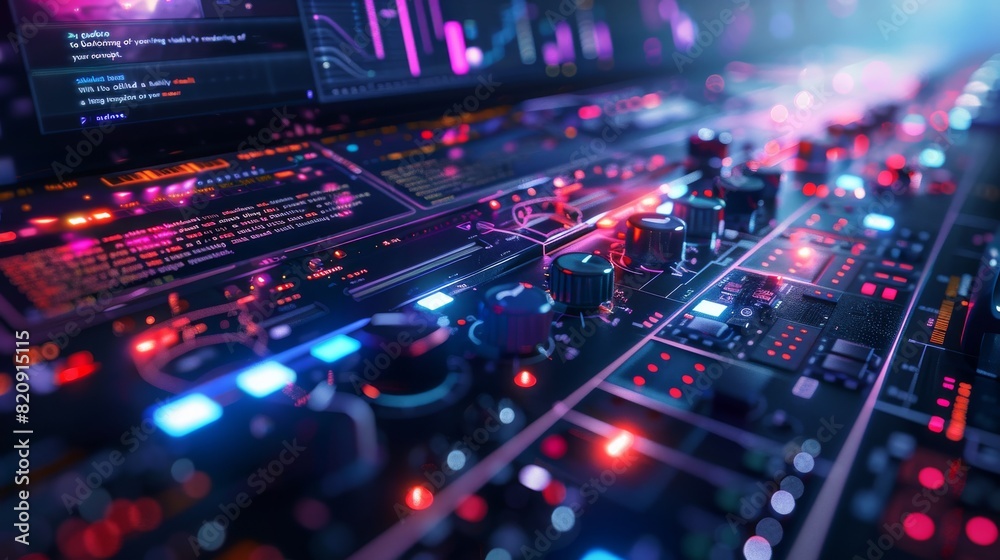 An advanced audio mixing console with colorful LED lights represents ...