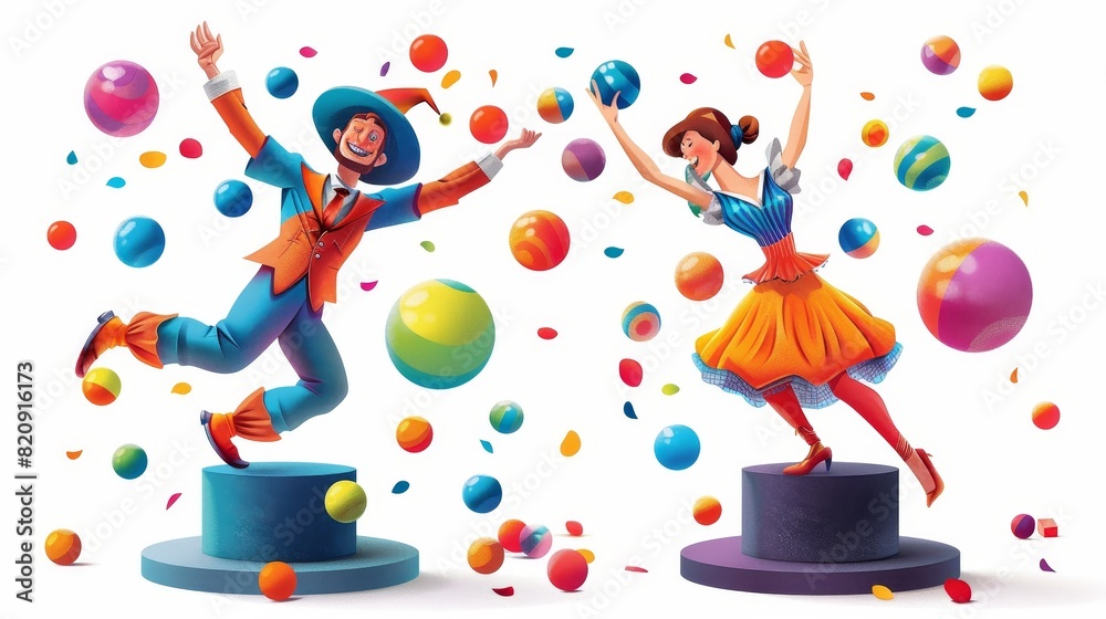 Animated cartoon illustration of a circus performer juggling with balls ...