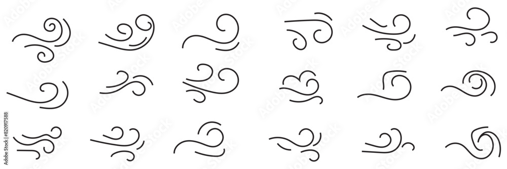 Doodle wind line sketch set. Hand drawn doodle wind motion, air blow ...