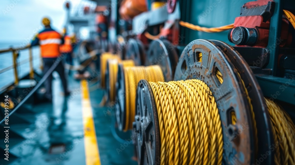 Detailed view of fiber optic cable spools on a ship deck with engineers ...