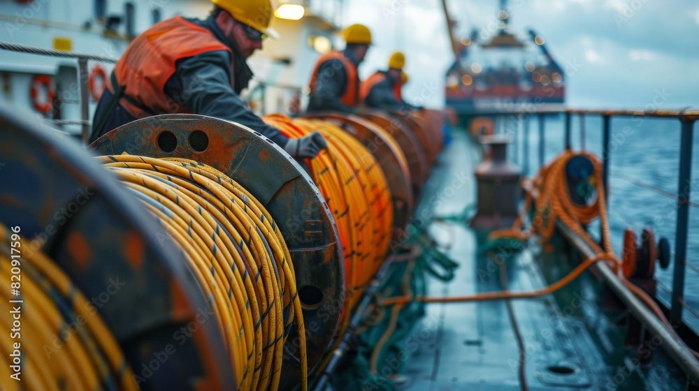 Detailed view of fiber optic cable spools on a ship deck with engineers ...