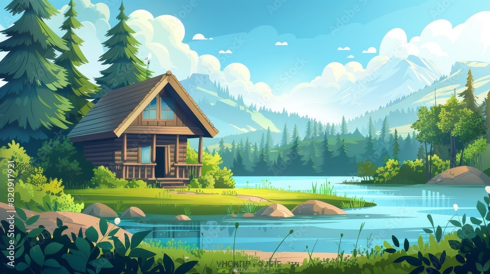 Modern cartoon illustration of shabby old hut with porch under tall ...