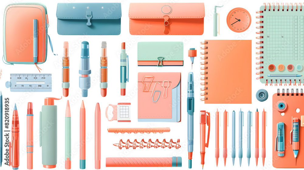 Different stationery item placed in a flat layout isolated on a ...