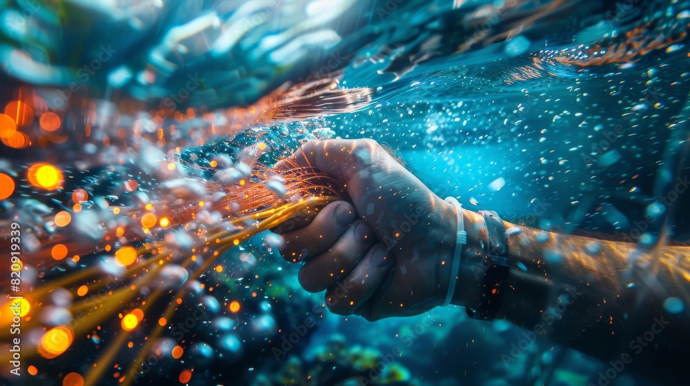 engineer's hands connecting fiber optic cables, with underwater scenes ...