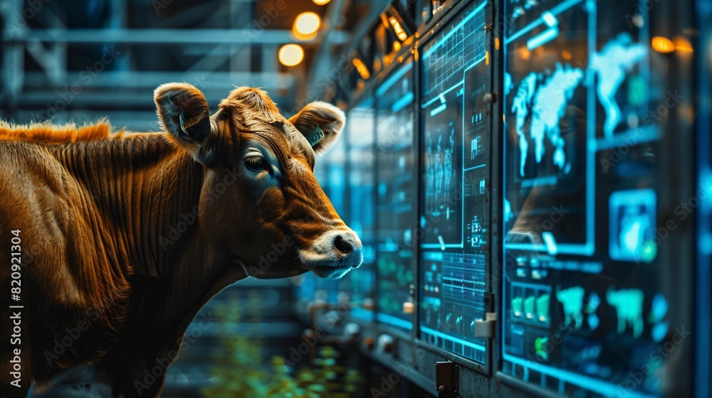 A cow looks curiously at high-tech screens displaying data, symbolizing ...