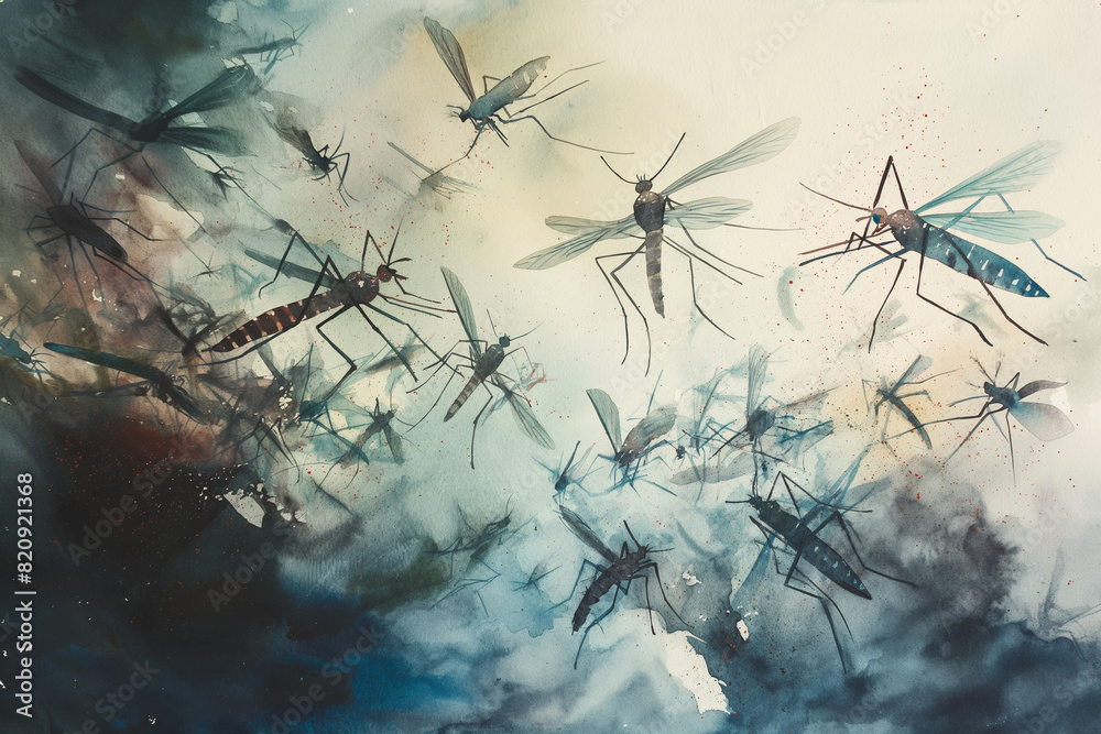 Watercolor Illustration Depicting a Swarm of Mosquitoes Attacking Stock ...