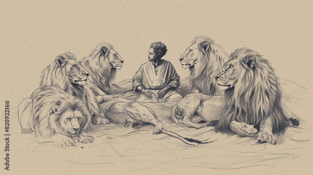 Daniel in the Lions' Den Surrounded by Calm, Resting Lions - Biblical ...