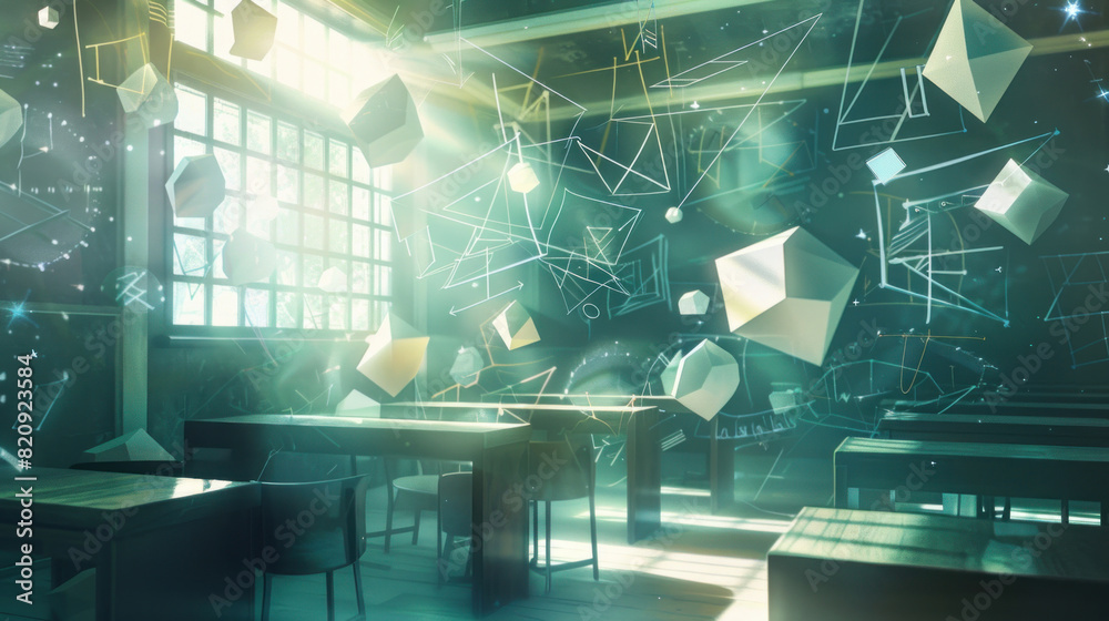 Visualization Of A Math Class With Geometric Shapes And Formulas Floating Around Stock
