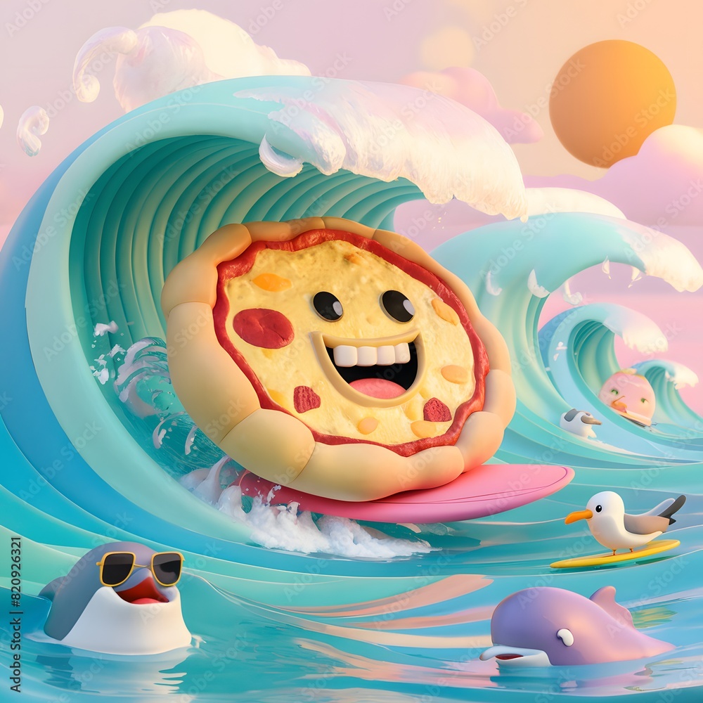 Cute Pizza Surfing Cartoon In Ocean 3d render illustration. Funny fast ...