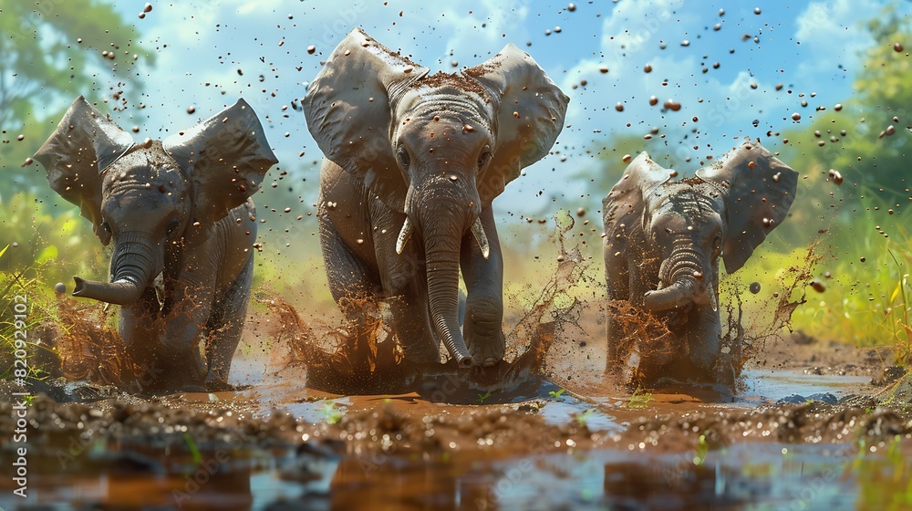 Funny baby elephants splashing in a mud puddle, their trumpets and ...