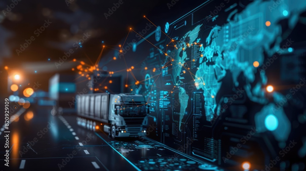 Advanced global supply chain visualization on world map, interconnected ...